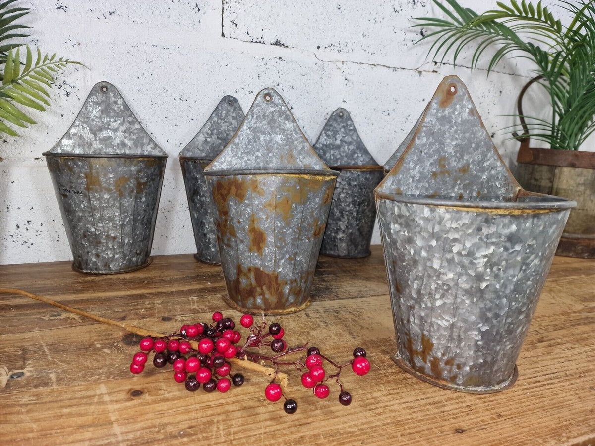 Vintage Rustic Reclaimed Galvanised Half Bucket Wall Planter Plant Pot ...