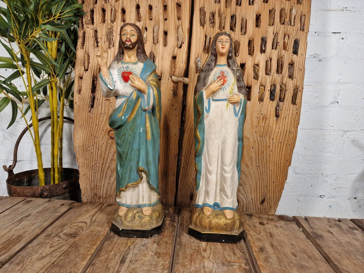Beautiful Pair Antique European Jesus & Mary Sacred Heart Plaster Stat ...