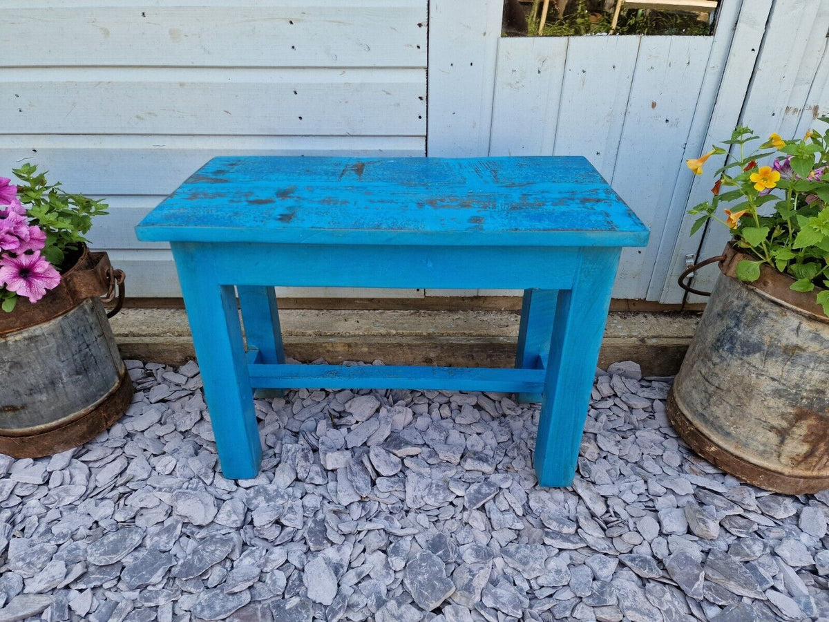 Vintage Reclaimed Indian Blue Wooden Side Plant Lamp Bedside Table Ben ...