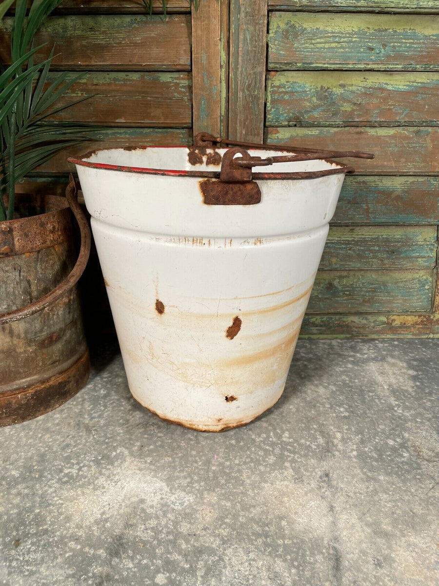 Vintage French White Rustic Hanging Enamel Milking Bucket Garden Plant ...